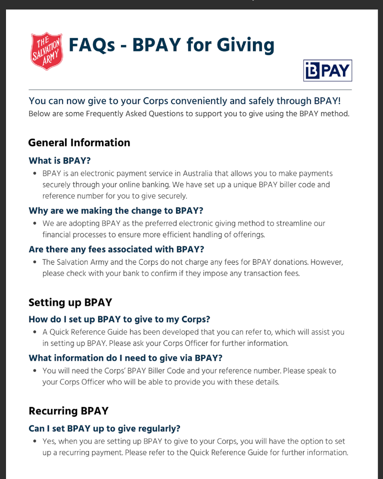 Questions & Answers about giving by BPAY | mySalvos